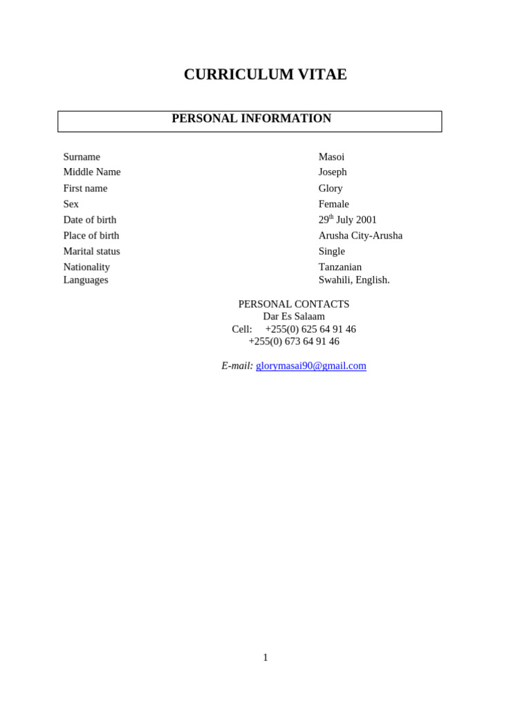 GLORY CV | PDF | Tanzania | Learning