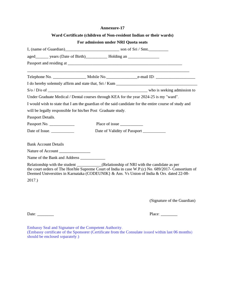 BDS Template For Ward Certificate - NRI Students | PDF