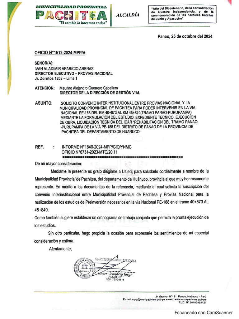 Oficio N°1512 Provias Nacional Convenio | PDF