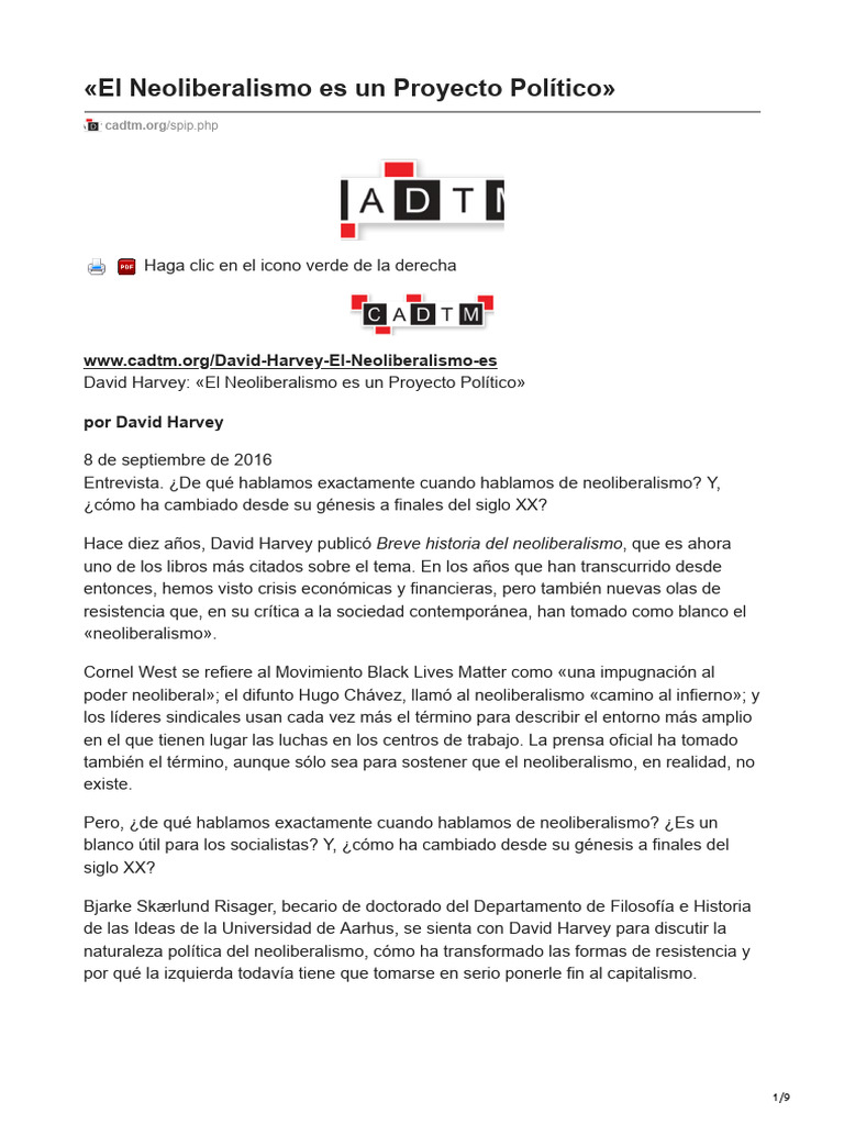 Entrevista - Harvey-El Neoliberalismo Es Un Proyecto Político | PDF | Neoliberalismo | Capitalismo