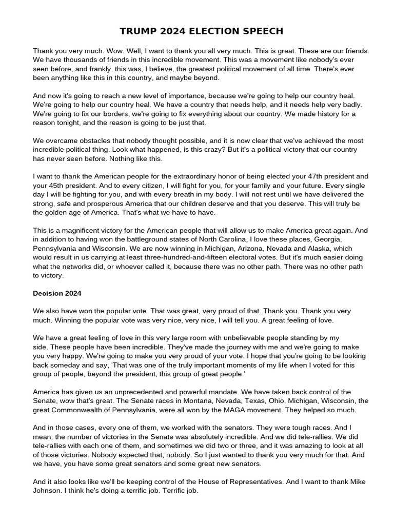 TRUMP 2024 ELECTION SPEECH | PDF | Swing State | Donald Trump