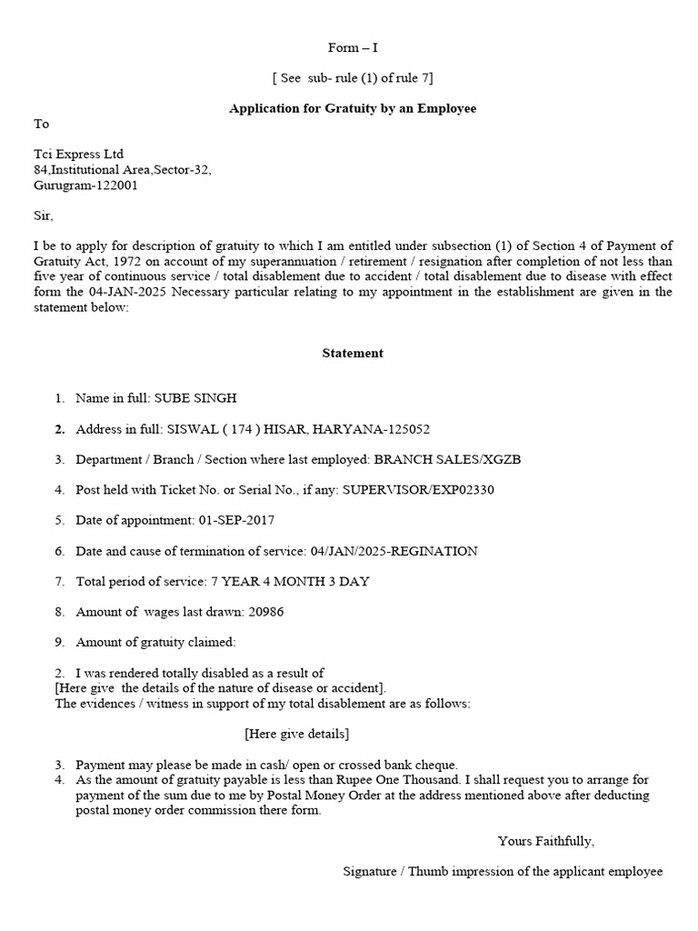 Gratuity Application Form I Sample | PDF