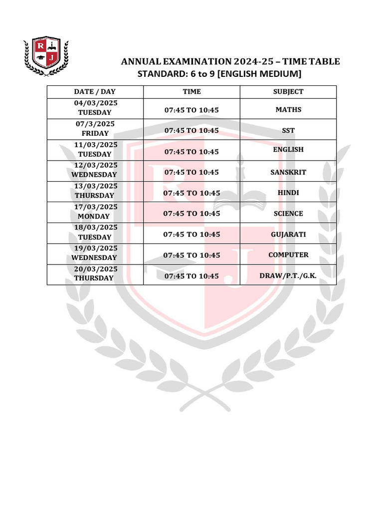Annual Exam Time Table 2024-2025-1 | PDF