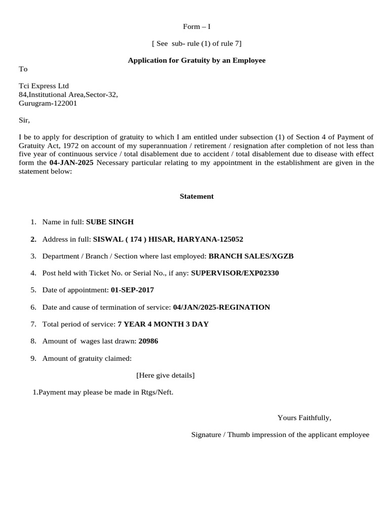 Gratuity Form-I (2) (1) (1) - 2025 | PDF