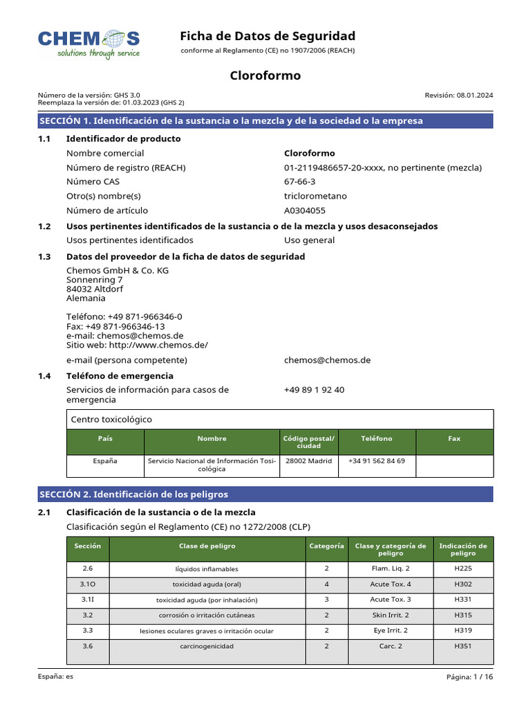 Ficha de Datos de Seguridad Cloroformo | PDF | Química