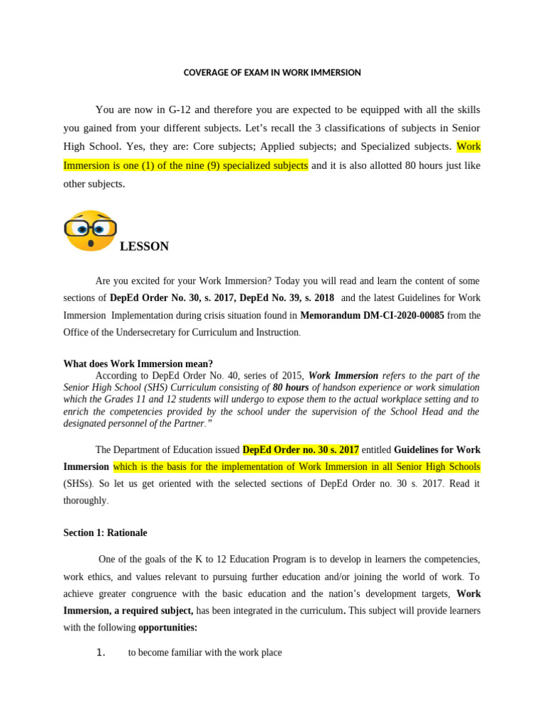 Coverage of Exam in Work Immersion | PDF | Occupational Safety And ...