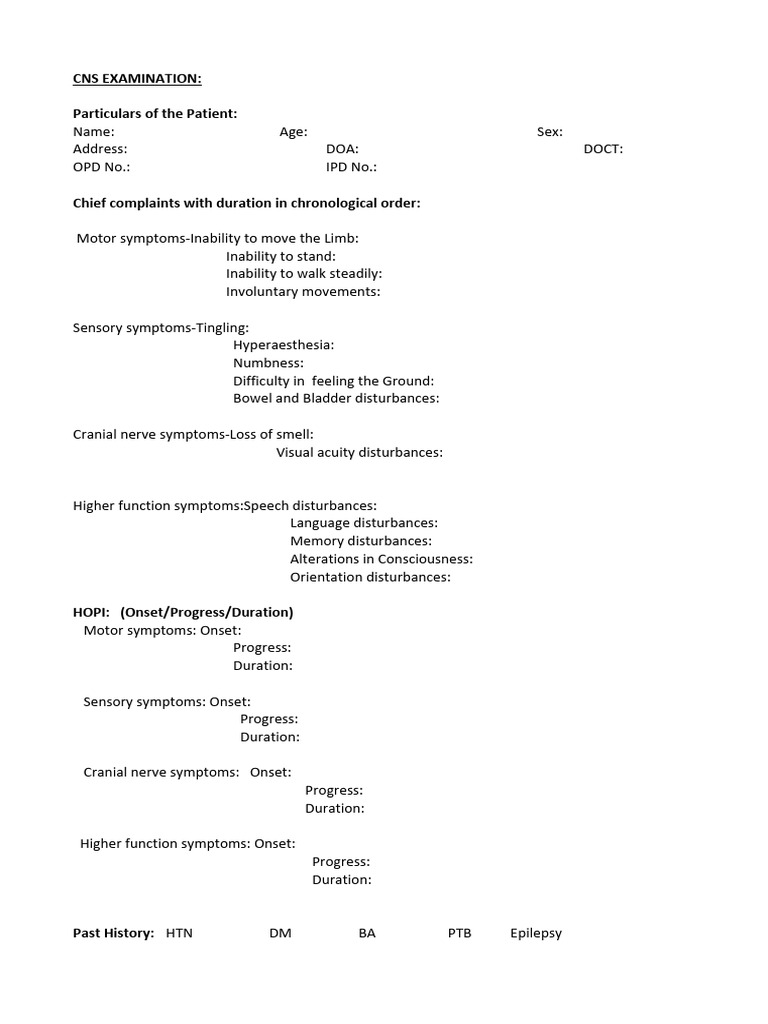 Cns Examination Proforma | PDF | Human Leg | Thumb