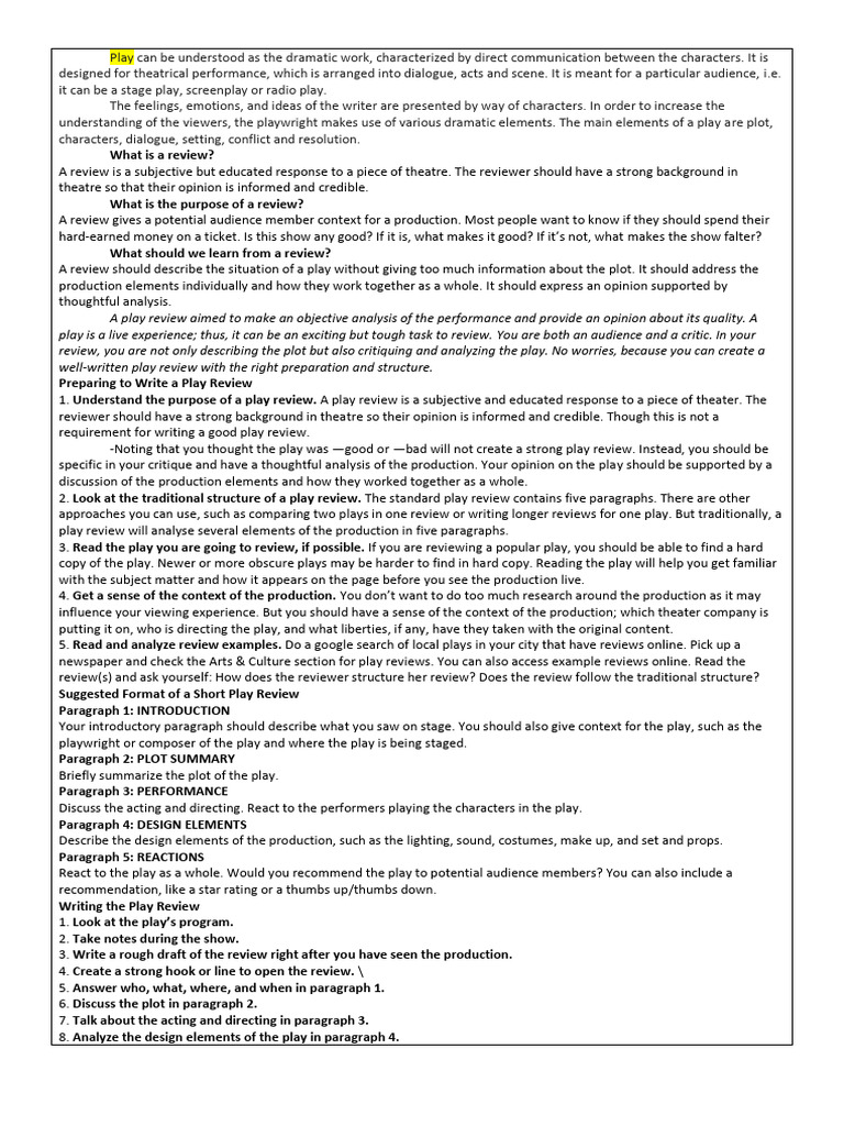 Guide to Writing a Play Review | PDF | Play (Theatre) | Plot (Narrative)