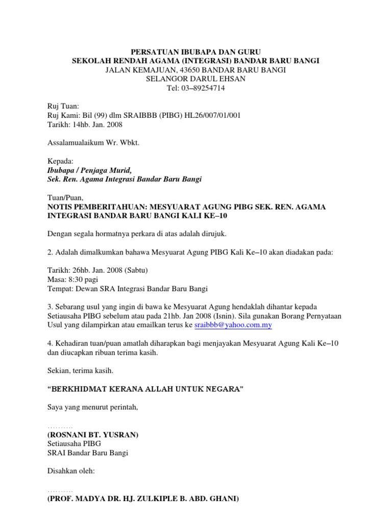 Contoh Notis Usul Mesyuarat Agung PIBG | PDF