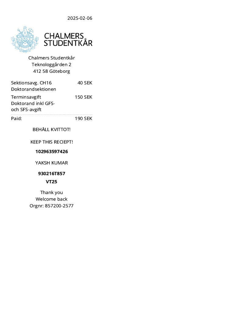 Chalmers Semester Receipt | PDF