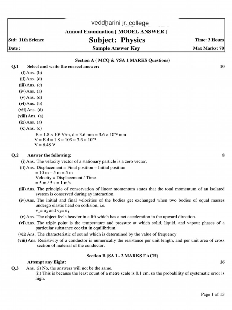 Annual Exam - Physics Answer Key | PDF