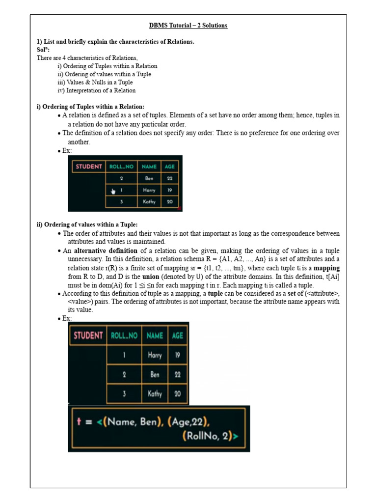 DBMS Tutorial - 2 Solutions Final | PDF | Relational Model | Databases