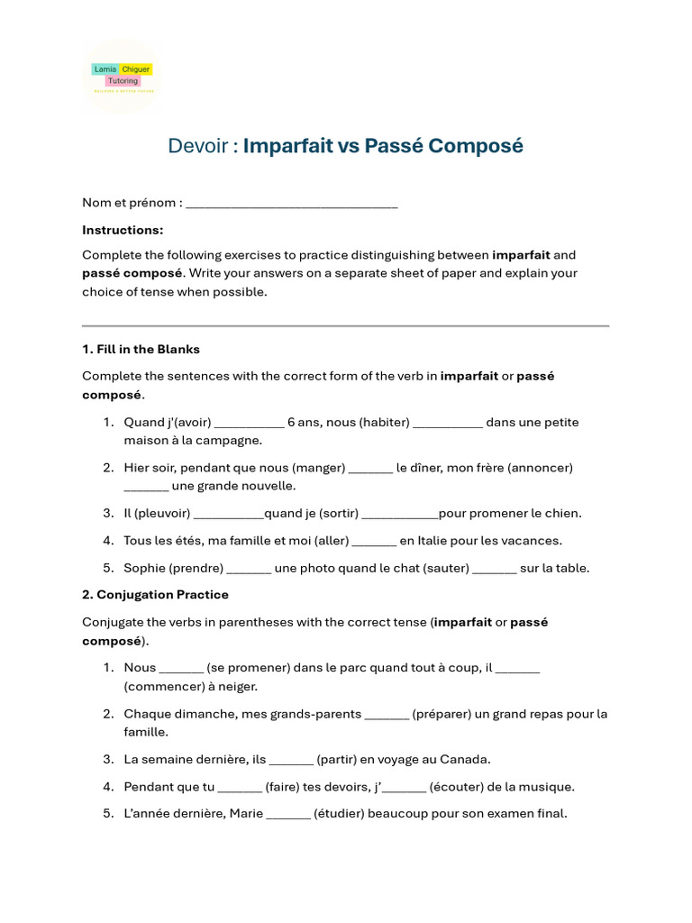 Devoir : Imparfait et Passé Composé | PDF | Grammaire