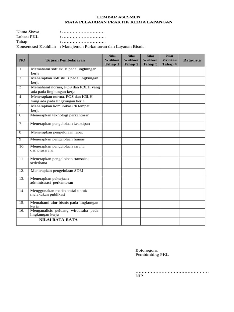 Lembar Penilaian PKL MPLB | PDF