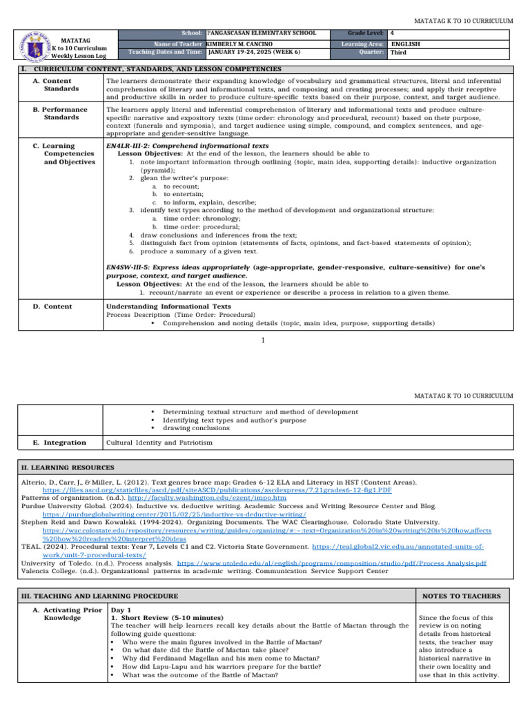 DLL Matatag - English 4 Q3 W6 | PDF | Reading Comprehension | Curriculum