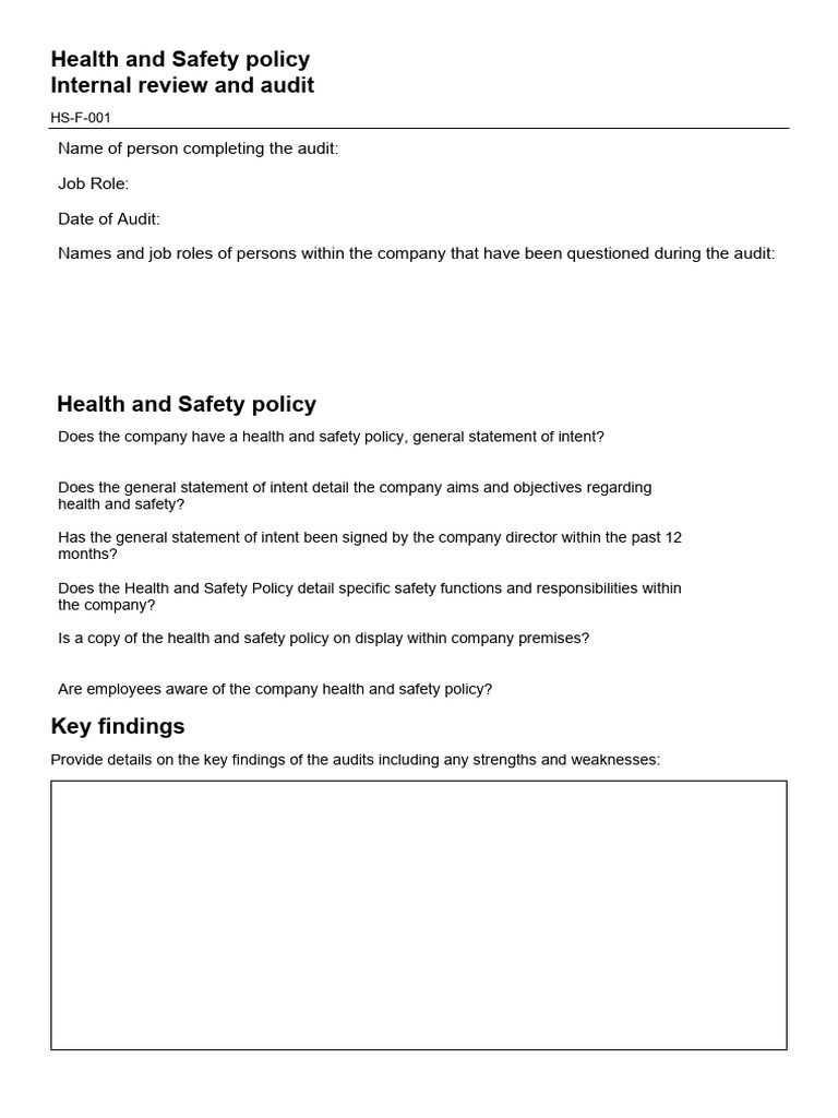 AUDIT HS-F-001 Health and Safety Policy Internal Review and Audit | PDF