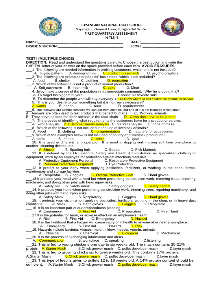 1ST quarter assessment in TLE8 | PDF | Personal Protective Equipment