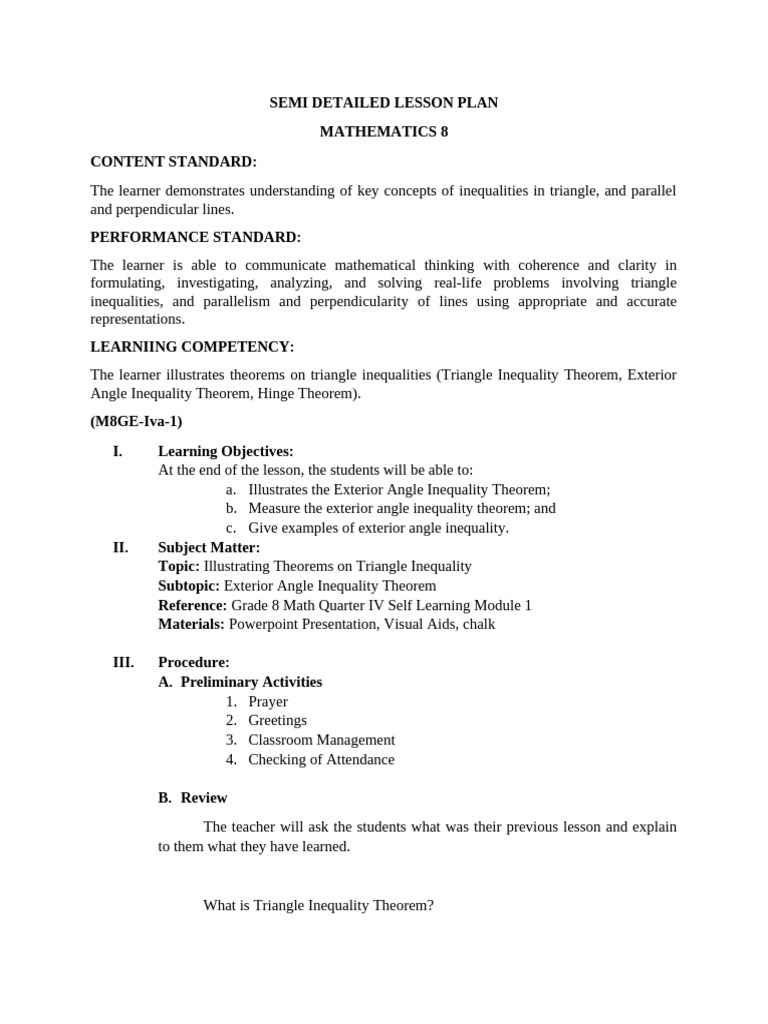 Exterior Angle Inequality Theorem - Lesson Plan | PDF | Angle | Triangle