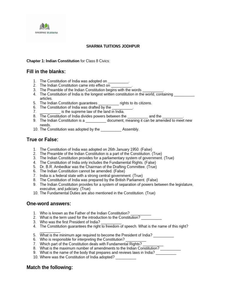 Indian Constitution Worksheet for Class 8 | PDF | Constitution | Governance