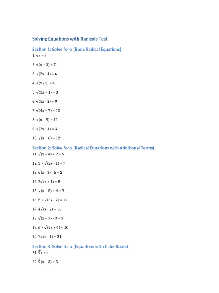 Solving Equations With Radicals Test | PDF