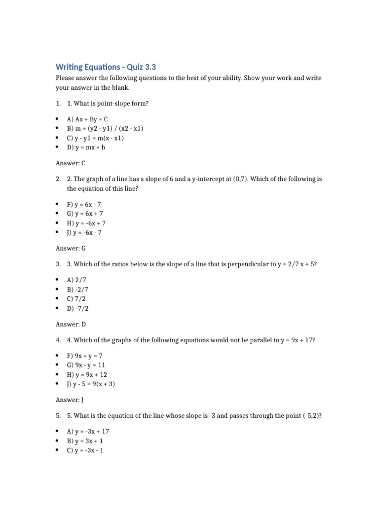 Writing Equations Quiz | PDF