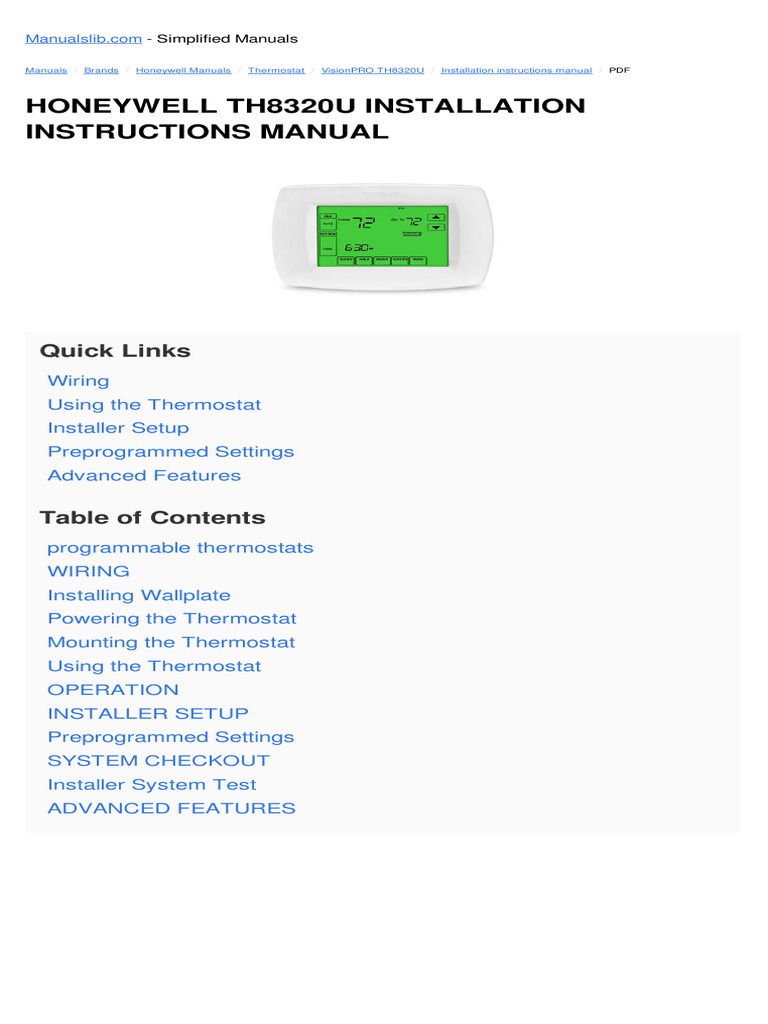 Honeywell Th8320U Installation Instructions Manual: Quick Links | PDF ...