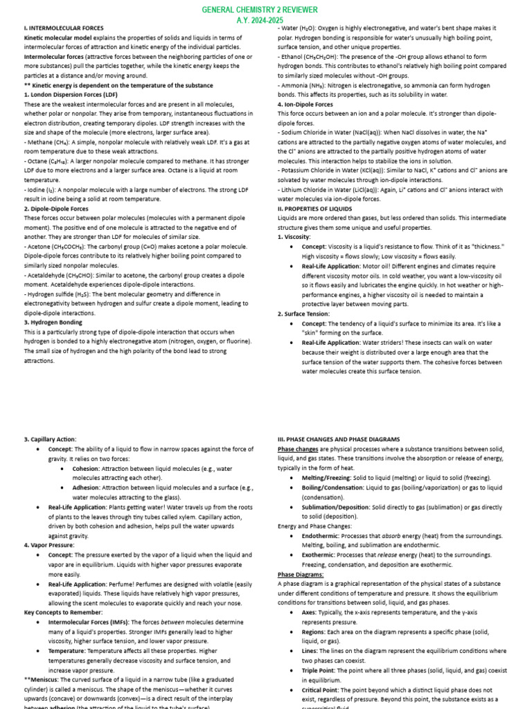 GEN-CHEM-2-REVIEWER-AY-2024-2025 | PDF | Chemical Polarity | Intermolecular Force