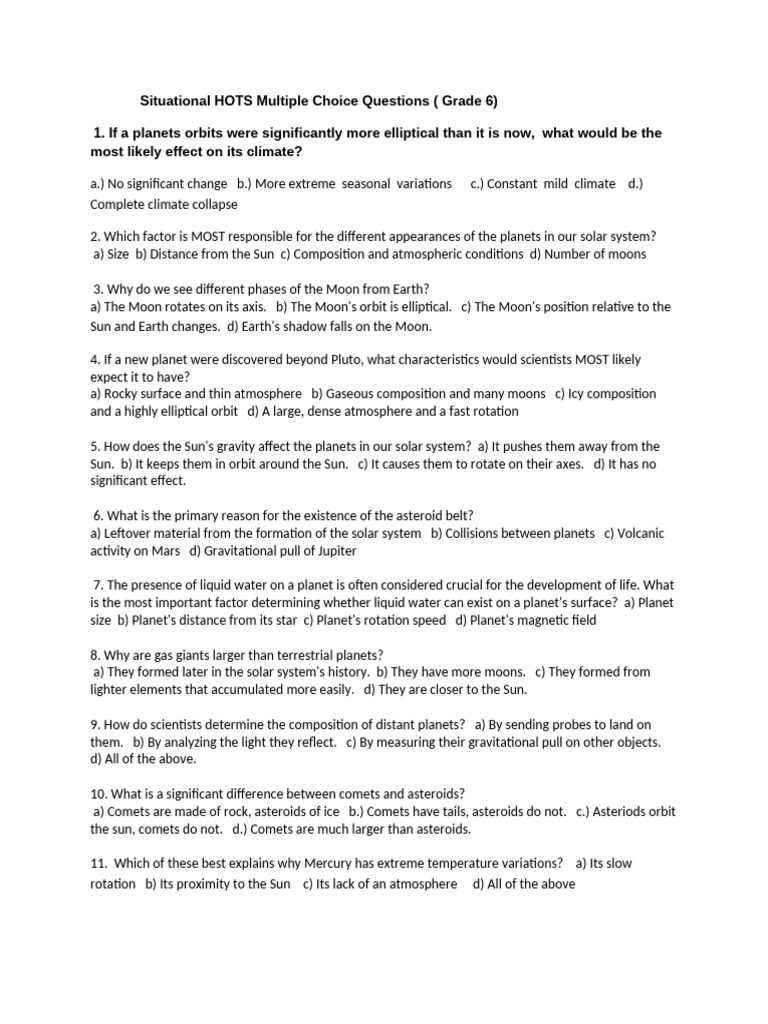 Situational HOTS Multiple Choice Questions | PDF | Planets | Solar System