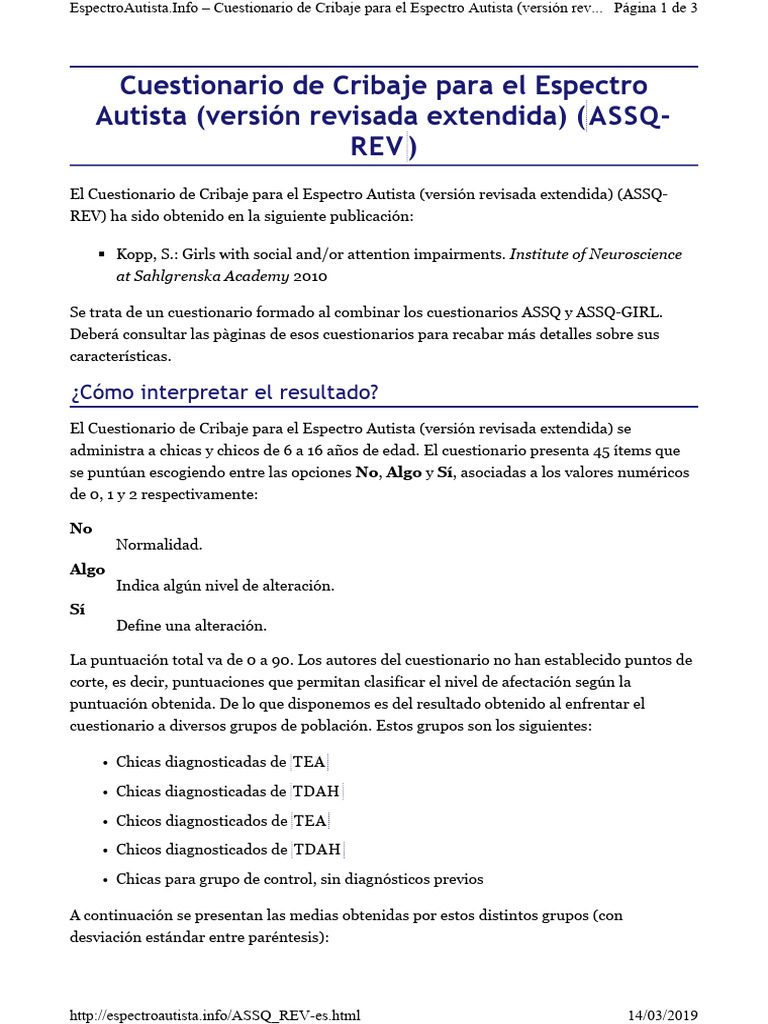 Cuestionario Cribaje TEA-rev (ASSQ-REV) | PDF | Autismo | Cuestionario