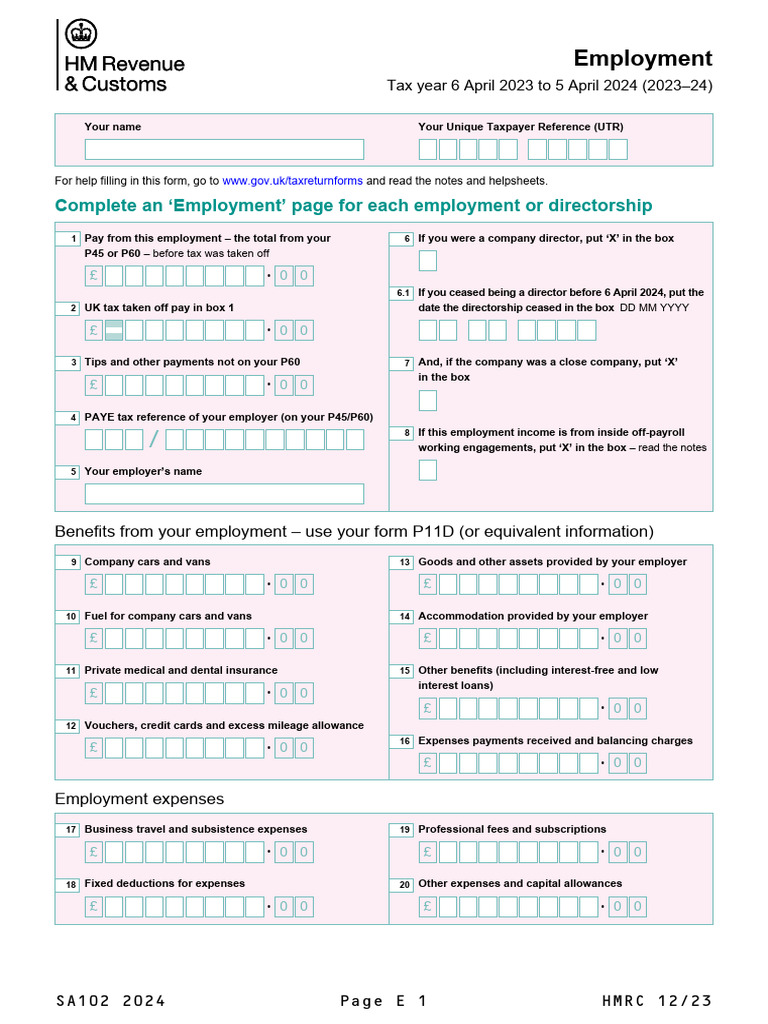Employment Income Form SA102-2024 | PDF | Tax Deduction | Expense
