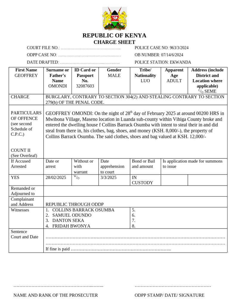 Republic of Kenya - Charge Sheet | PDF | Bail | Misconduct