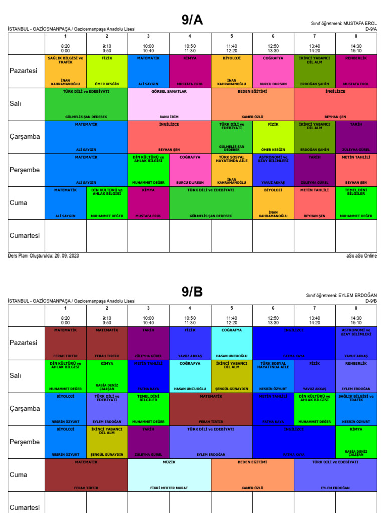 30102719 02 Ekim 2023 Siniflarin Ders Programi | PDF