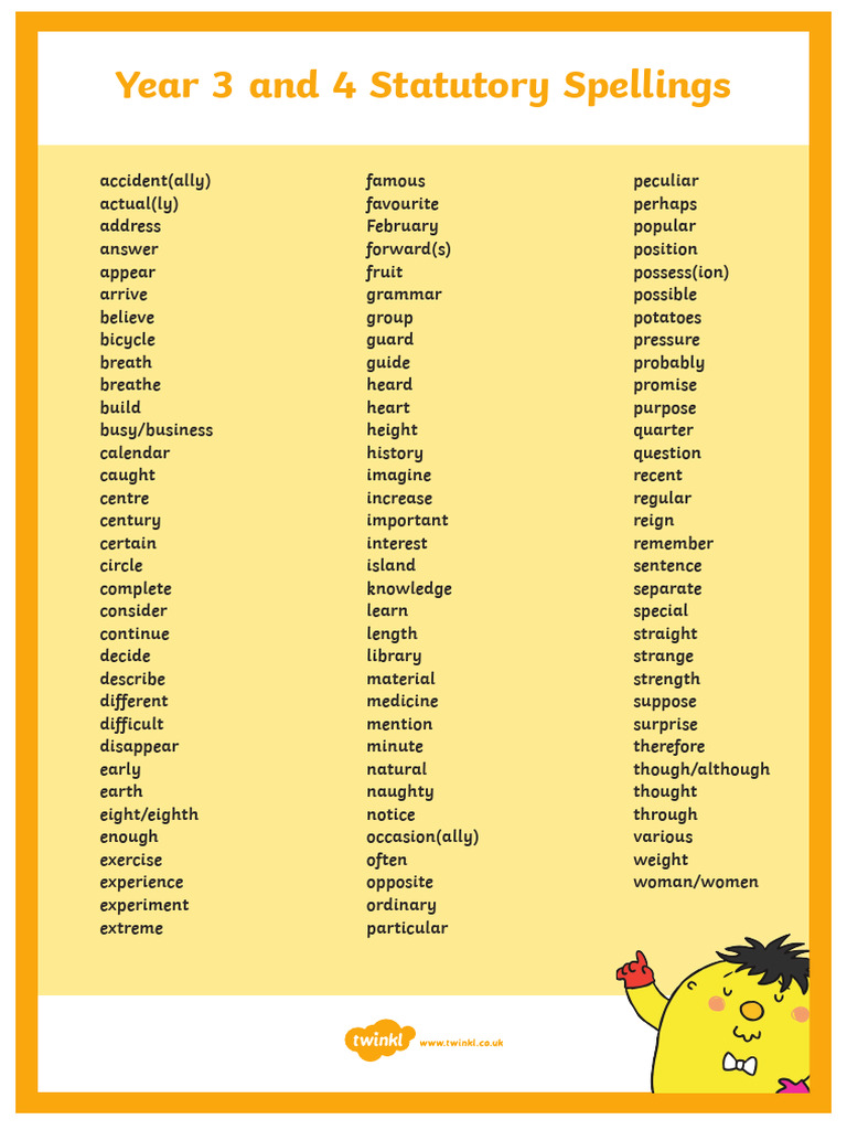 Year 3 and 4 Statutory Spellings List | PDF