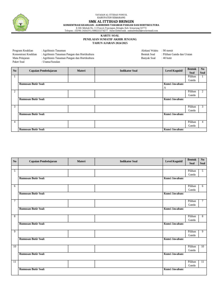 (Master) Kartu Soal Psaj 24 25 Utama _ Mapel | PDF