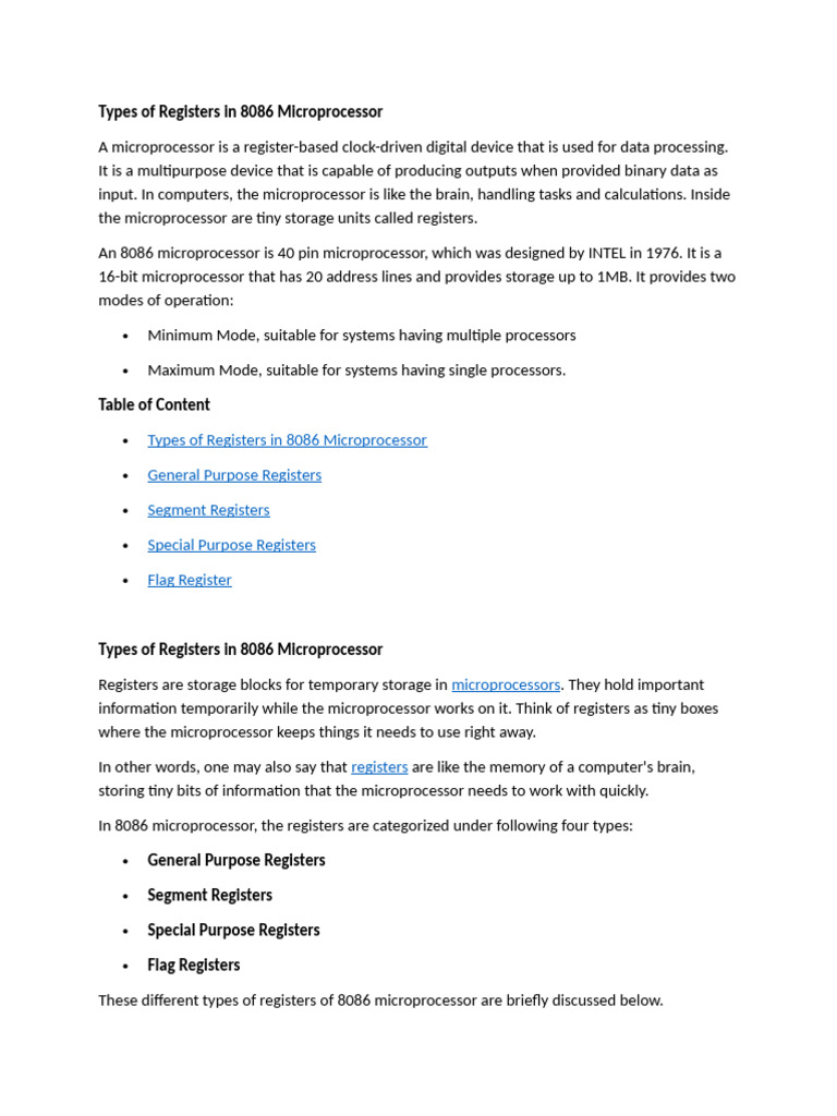 Types of Registers in 8086 Microprocessor | PDF | Central Processing Unit | Computer Data Storage