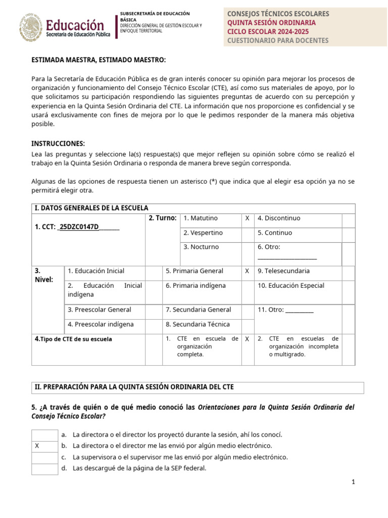 Cuestionario CTE Quinta Sesión 2024-2025 | PDF | Educación de la ...