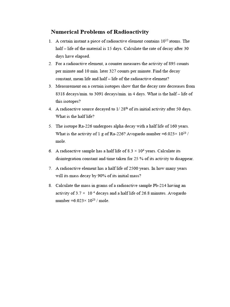 Numerical Problems of Radioactivity | PDF