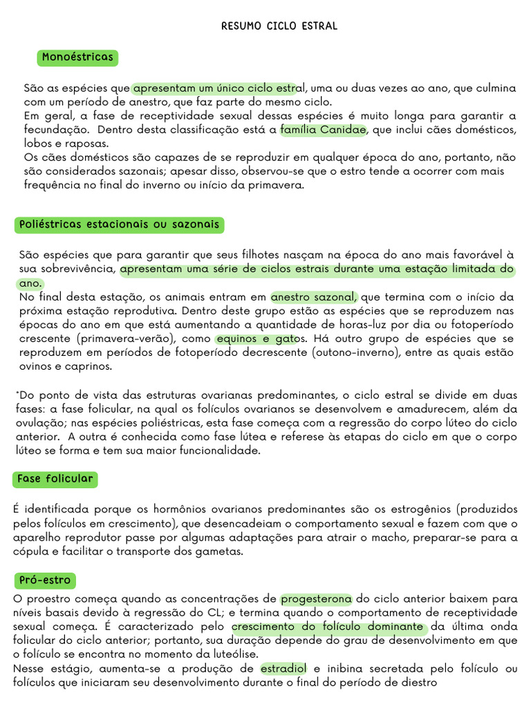Resumo Ciclo Estral | PDF | Zoologia