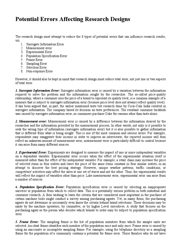 BRM Note 1 - Errors in Research Designs | PDF | Sampling (Statistics ...