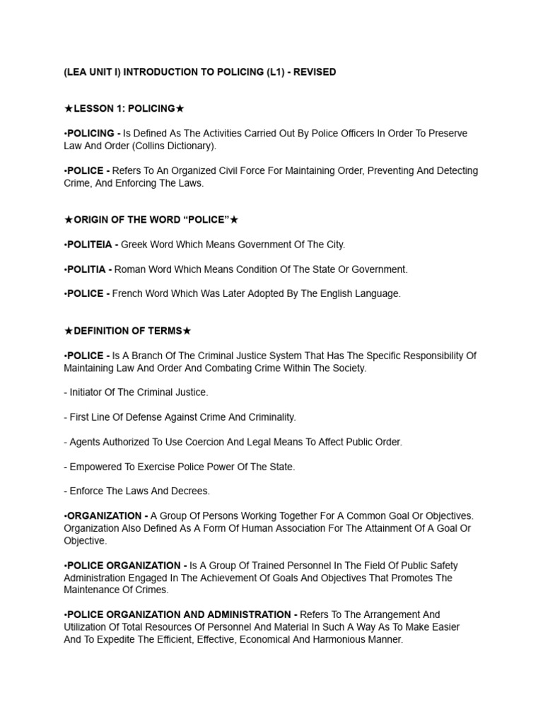 (Lea Unit I) Introduction To Policing (L1) - Revised | PDF