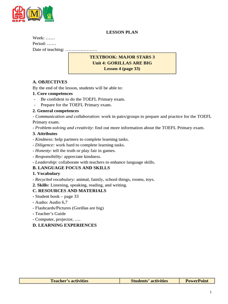 TOEFL Primary Exam Lesson Plan | PDF | Multiple Choice | Test Of ...