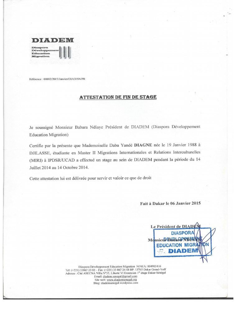 Attestation Stage Diadem | PDF
