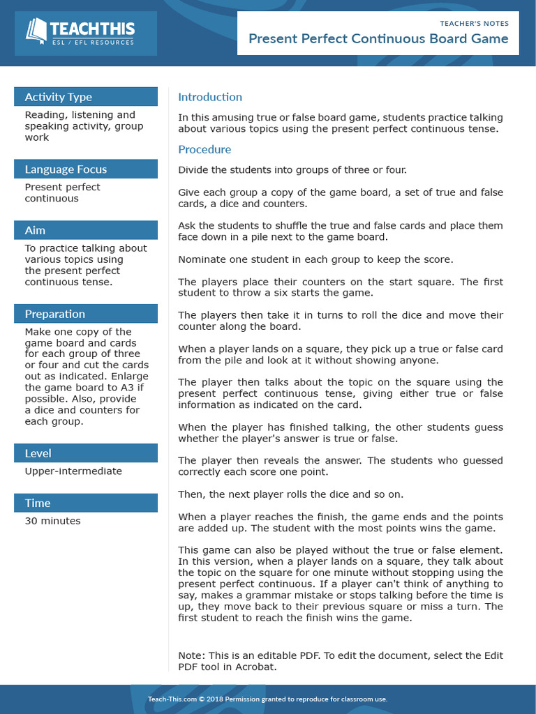 Present Perfect Continuous Board Game | PDF | English As A Second Or ...