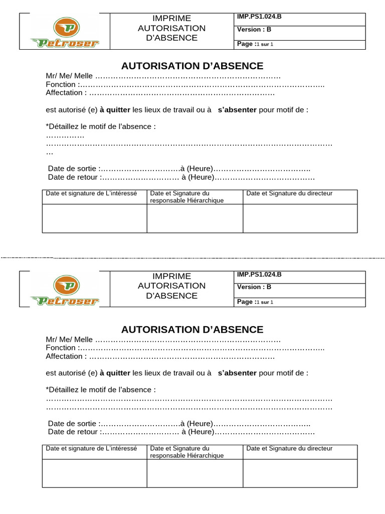 Autorisation de Sortie de Travail | PDF