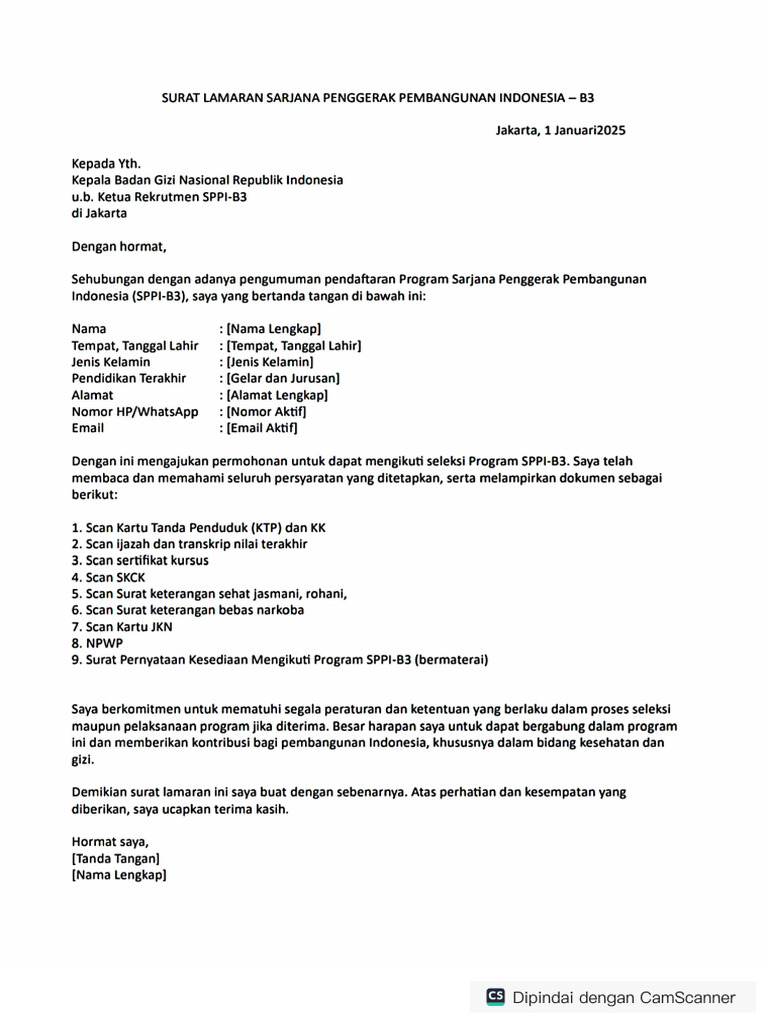 Contoh Surat Lamaran SPPI Batch 3 TA. 2015 | PDF