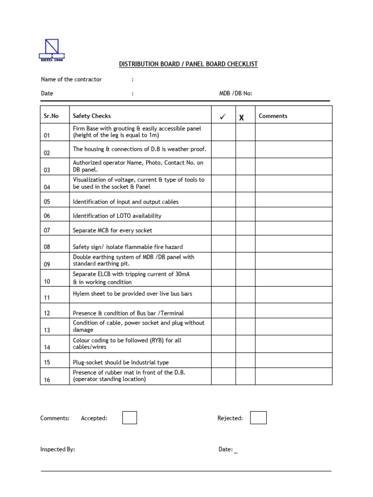 Distribution Board Safety Checklist | PDF