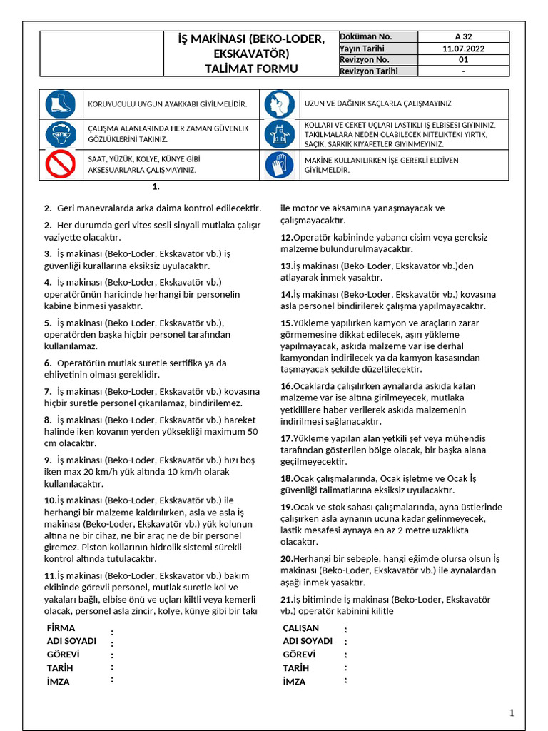 İş Maki̇nasi (Beko-Loder, Ekskavatör) Tali̇mat Formu | PDF