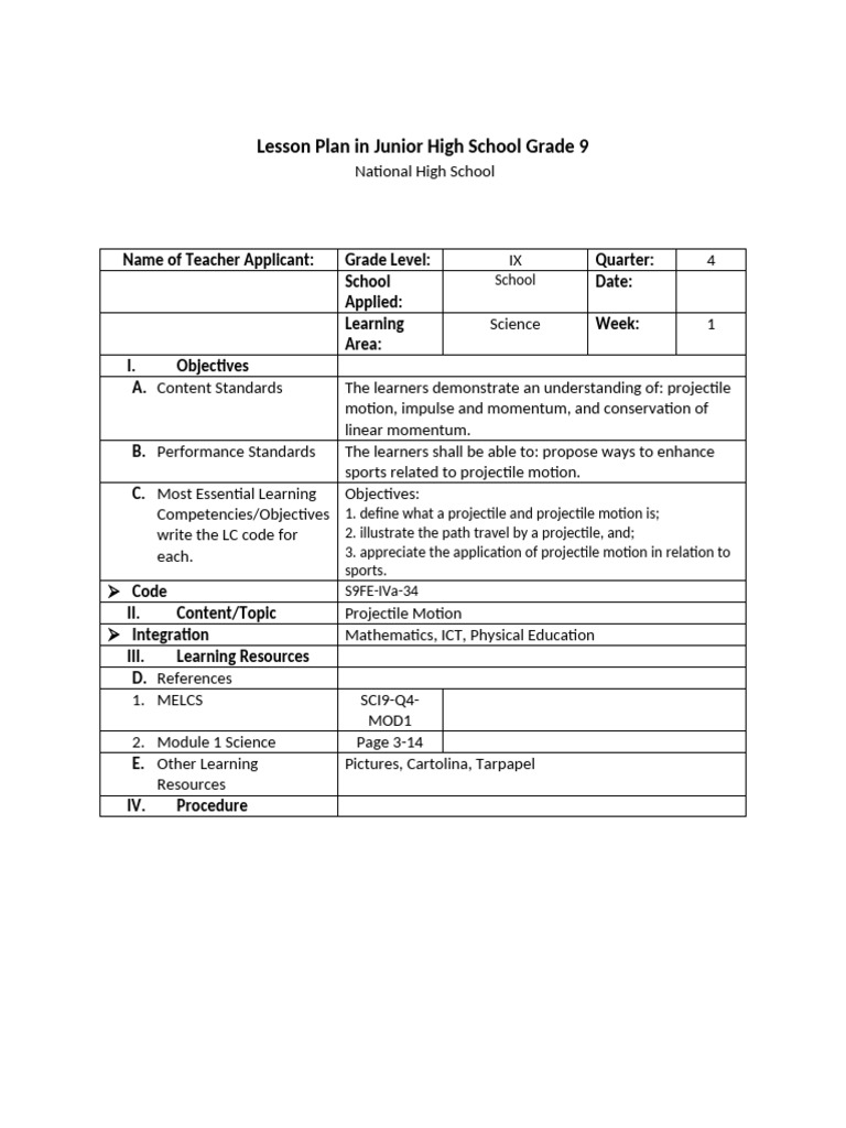 Lesson Plan in Junior High School Grade 9 | PDF