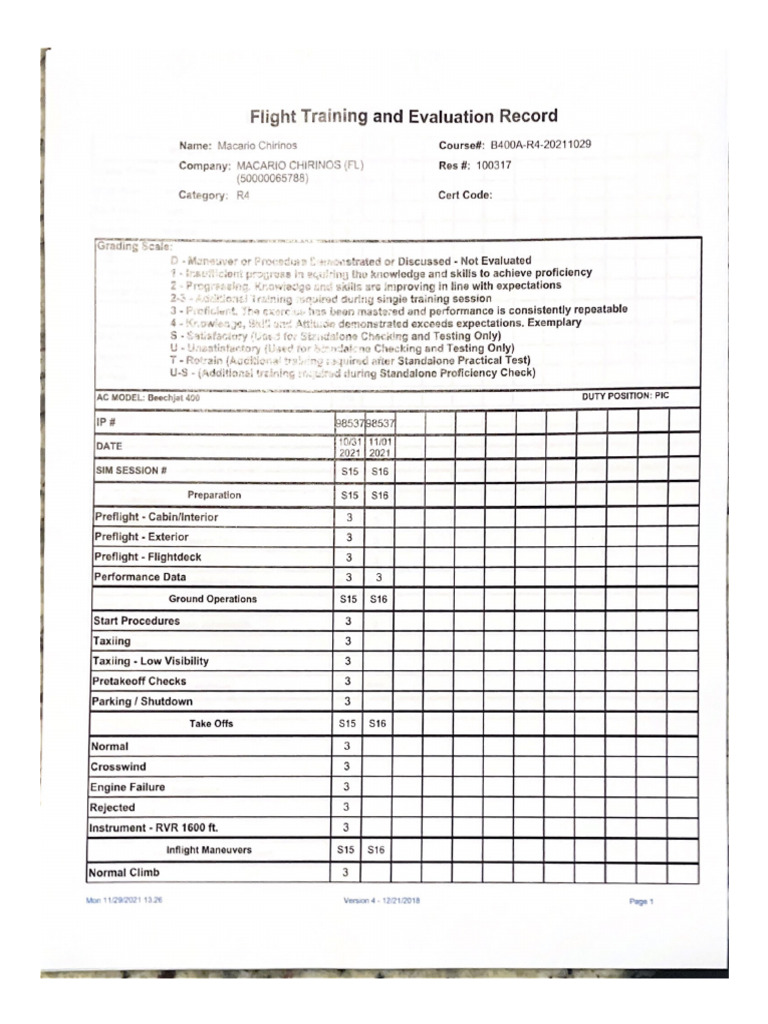 Flight Training and Evaluation Record | PDF