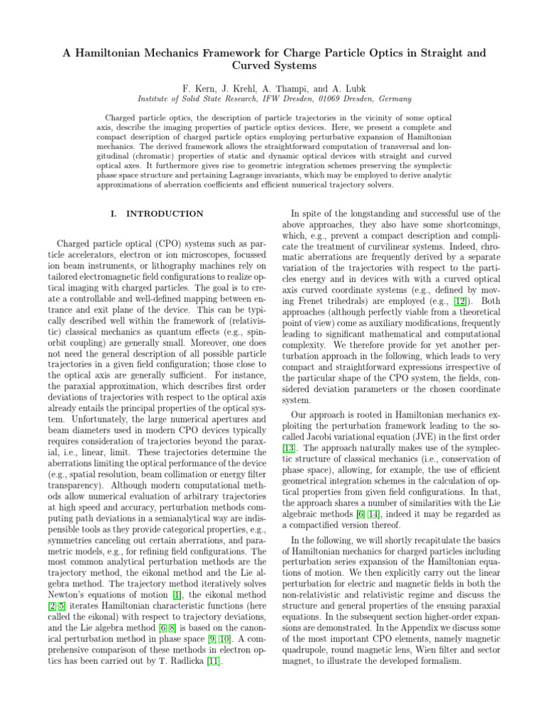 A Hamiltonian Mechanics Framework for Charge Particle Optics in Straight and Curved Systems ...
